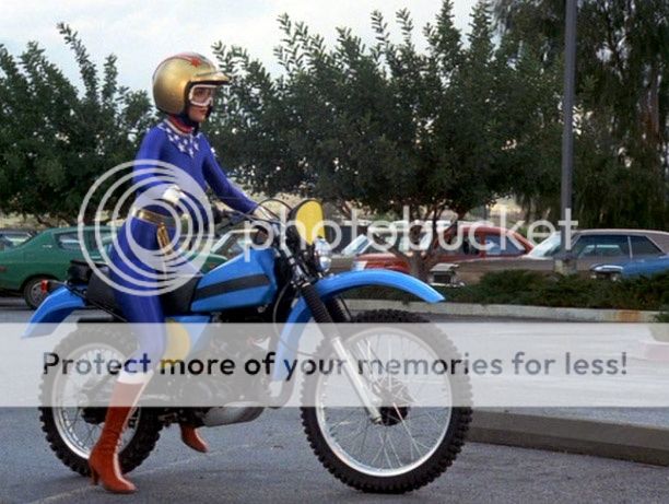 Lynda Carter in Wonder Woman riding a 1979 Yamaha IT175 Motorcycle